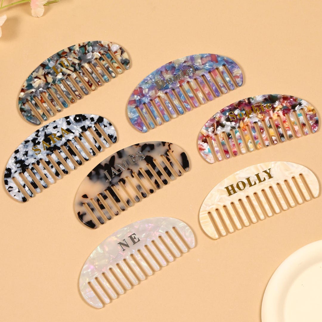 Personalized Name Half Moon Comb, Custom Initials Flower Color Marble ...