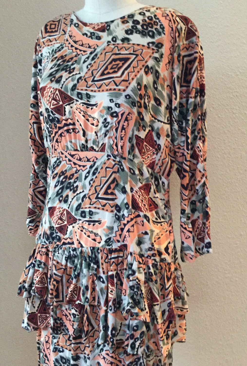 Vintage Bohemian Dress, 80's Southwestern Style Dress, Ruffle Waisted ...