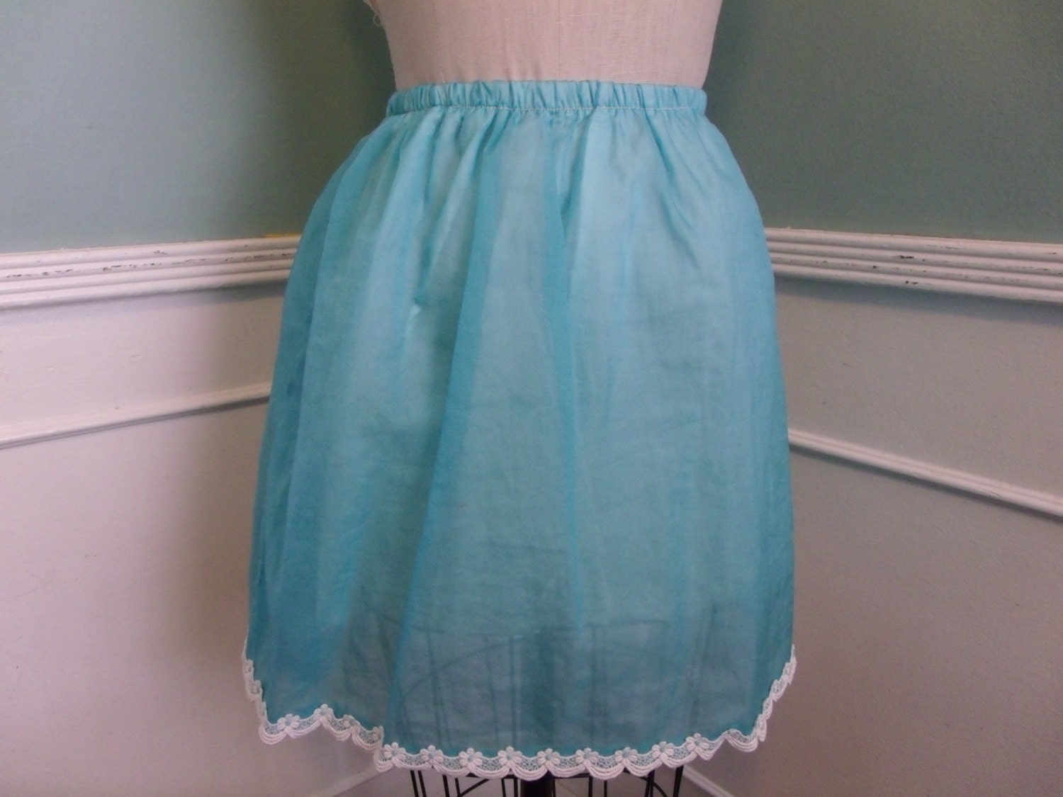 Vintage Turquoise Blue Mini Slip . White Detailed Mini Slip. Blue 60's ...