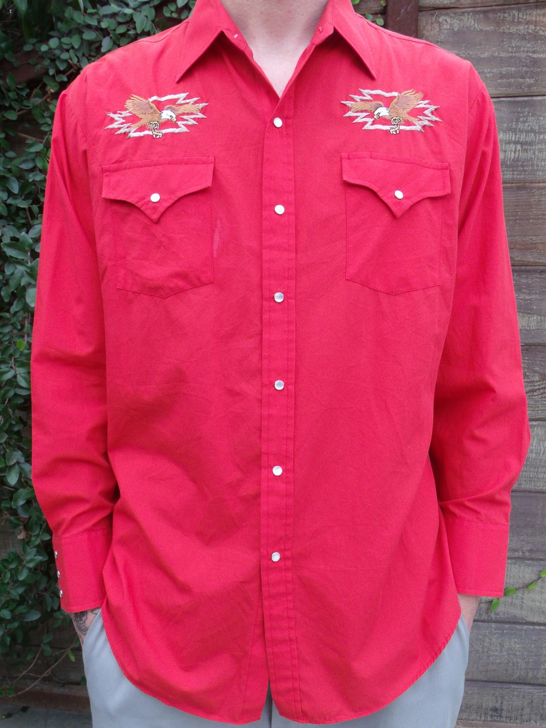Vintage 70's Red Aztec Western Shirt Snap Down Tribal Shirt EAGLE ...