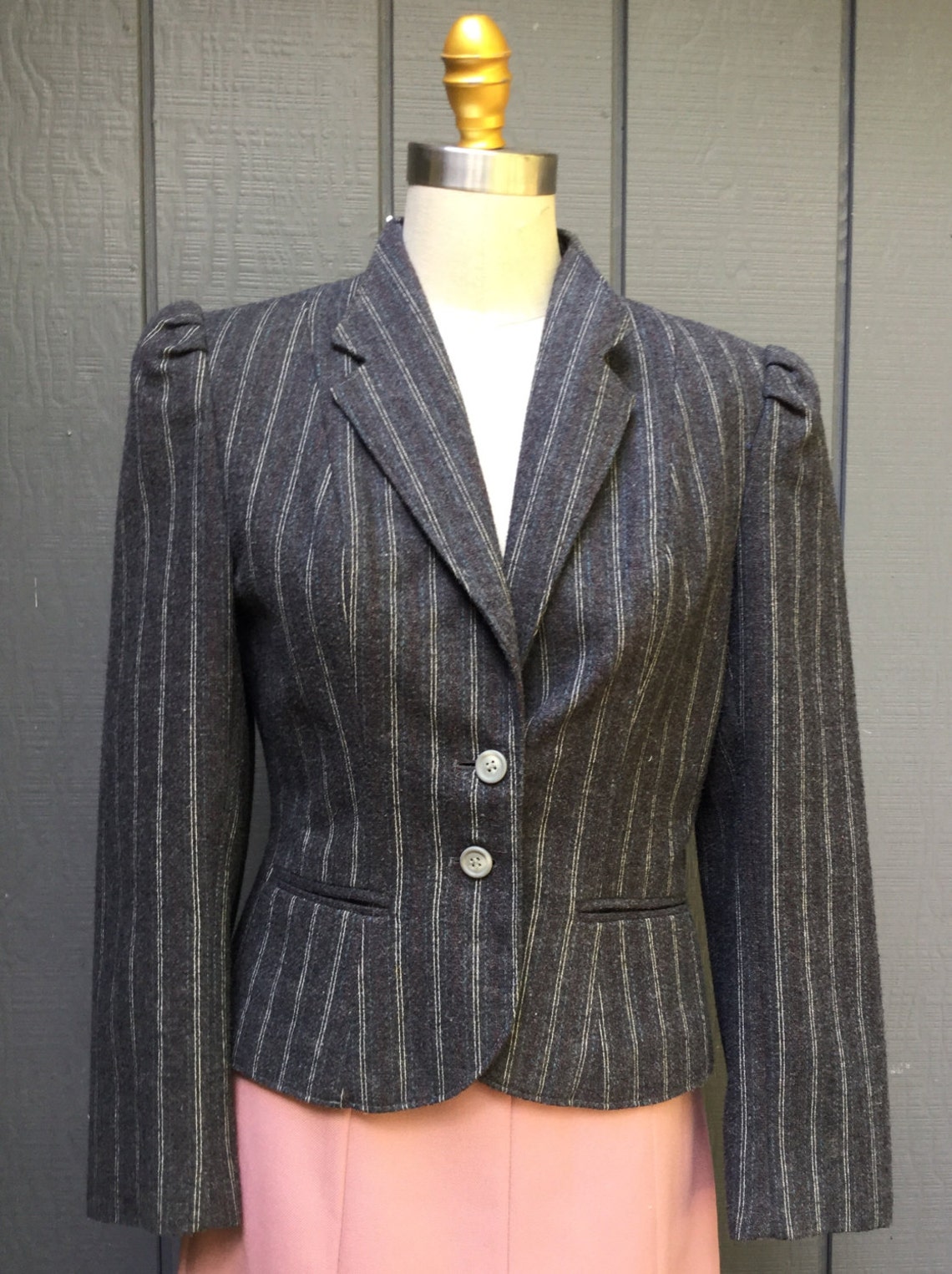 Vintage Grey Wool Blazer. 80's Secretary Blazer. Puff Sleeve Suit Coat ...