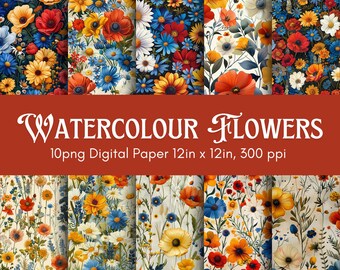 Watercolour Flower Digital Pattern Paper for Crafting and Design ...