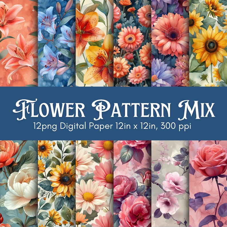 Watercolour Flower Digital Pattern Paper for Crafting and Design ...