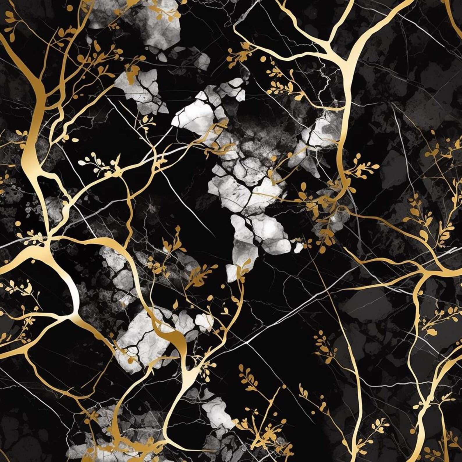 Black and Gold Flowers Marble Digital Pattern Paper for Crafting and ...