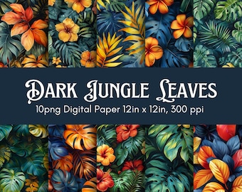 Watercolour Jungle Leaves and Hibiscus Flowers Digital Pattern Paper ...