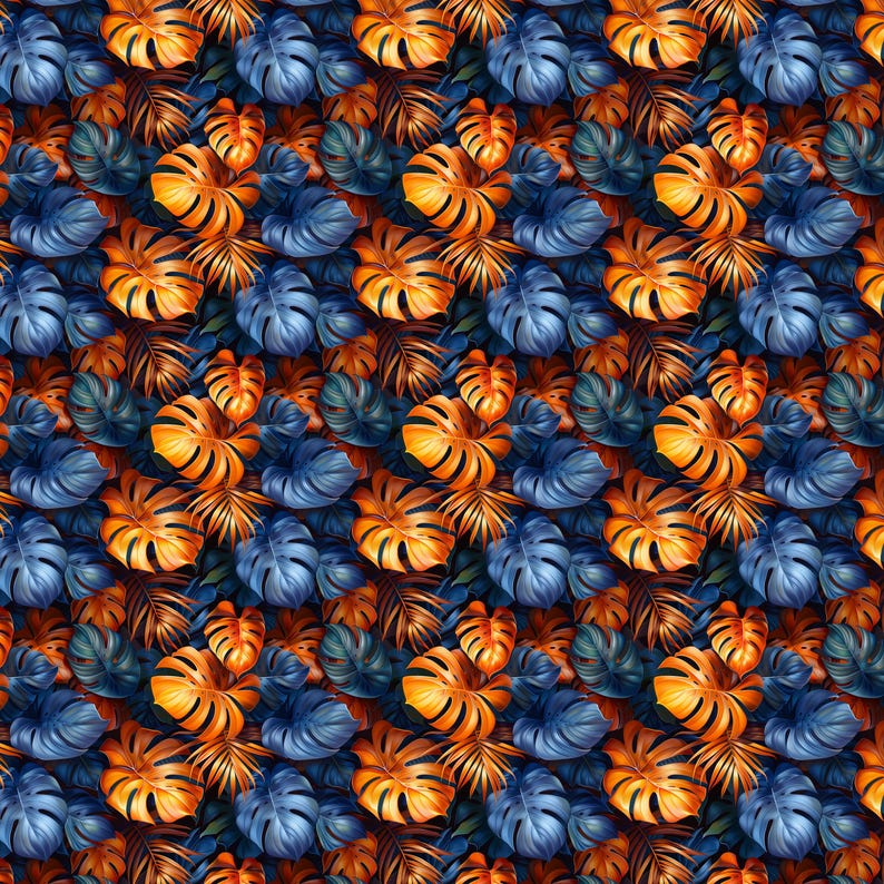 Blue and Orange Watercolour Jungle Leaves Digital Pattern Paper for ...