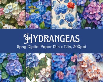 Blue Hydrangeas Watercolour Flowers Digital Pattern Paper for Crafting ...