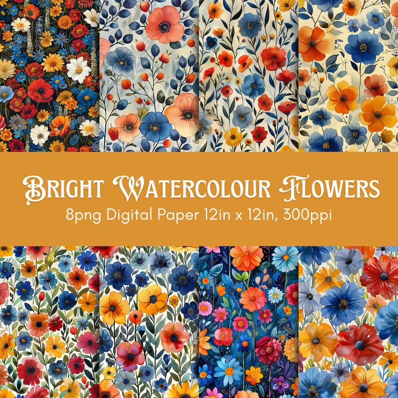Bright Hippie Watercolour Flowers Digital Pattern Paper for Crafting ...