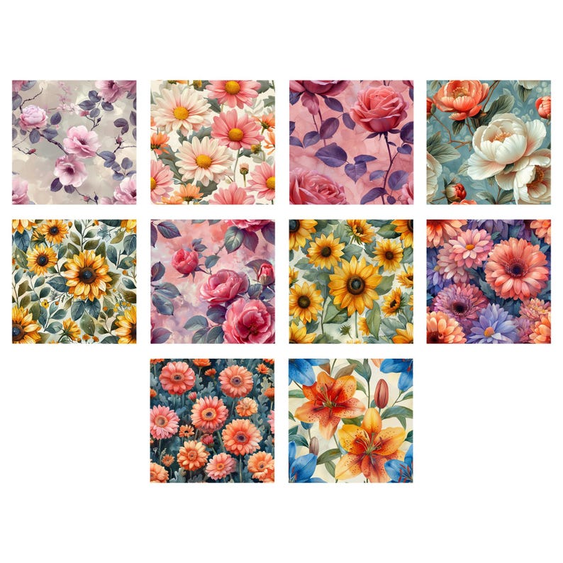 Mix of Bright Flowers Digital Pattern Paper for Crafting and Design ...