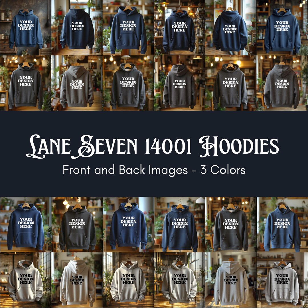 Lane Seven 14001 Hoodie Mockups in Navy Blue, Charcoal Heather Grey and ...