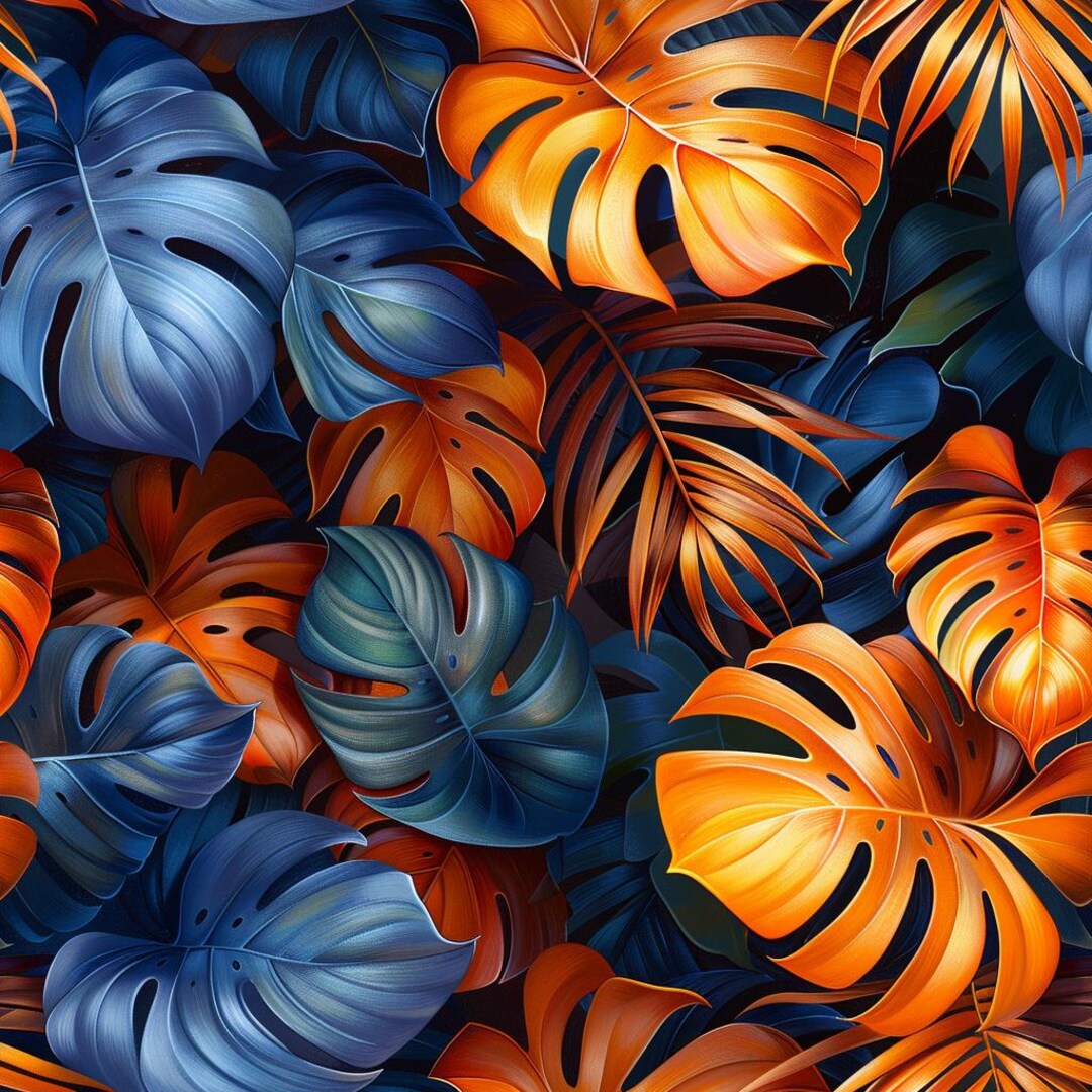 Blue and Orange Watercolour Jungle Leaves Digital Pattern Paper for ...