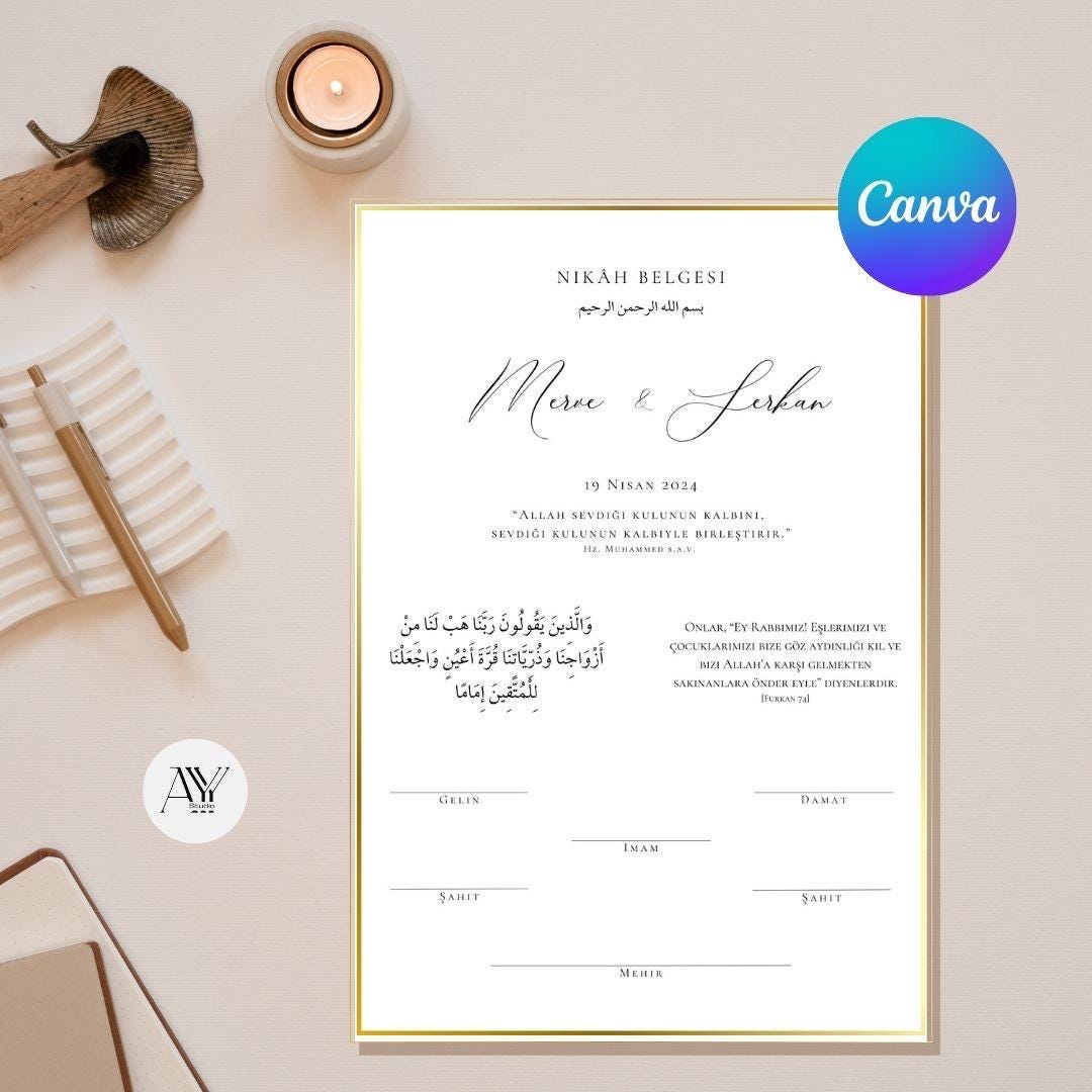 Nikah Certificate Dini Nikah Belgesi Nikah Akdi Customizable Minimalist ...