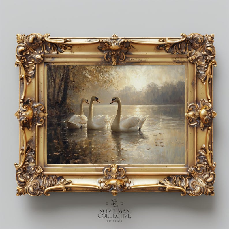 Printable Swan Oil Painting Vintage, Bird Wall Art Hang, Landscape ...