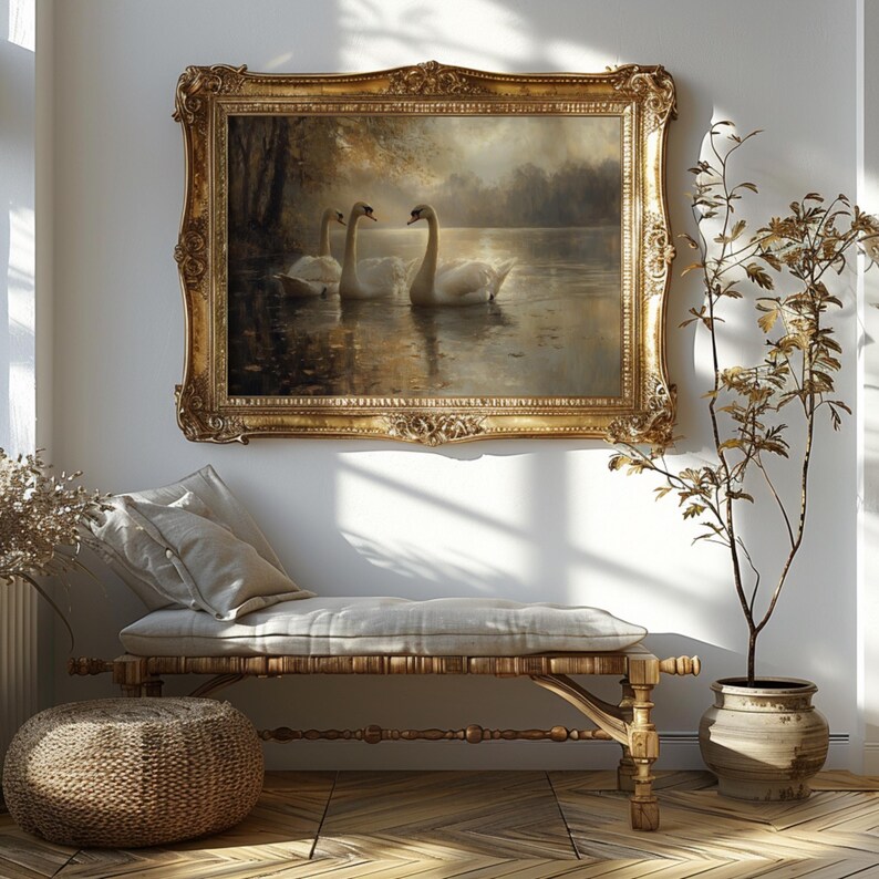 Printable Swan Oil Painting Vintage, Bird Wall Art Hang, Landscape ...