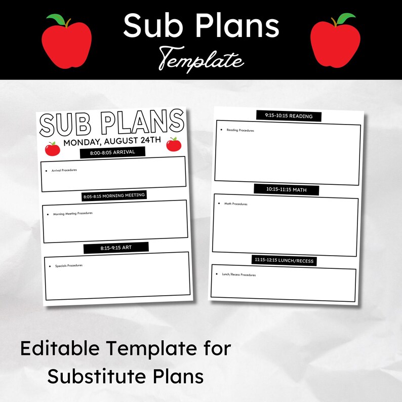 Sub Plans Template | Simple Template for Teacher Sub Plans | Substitute ...