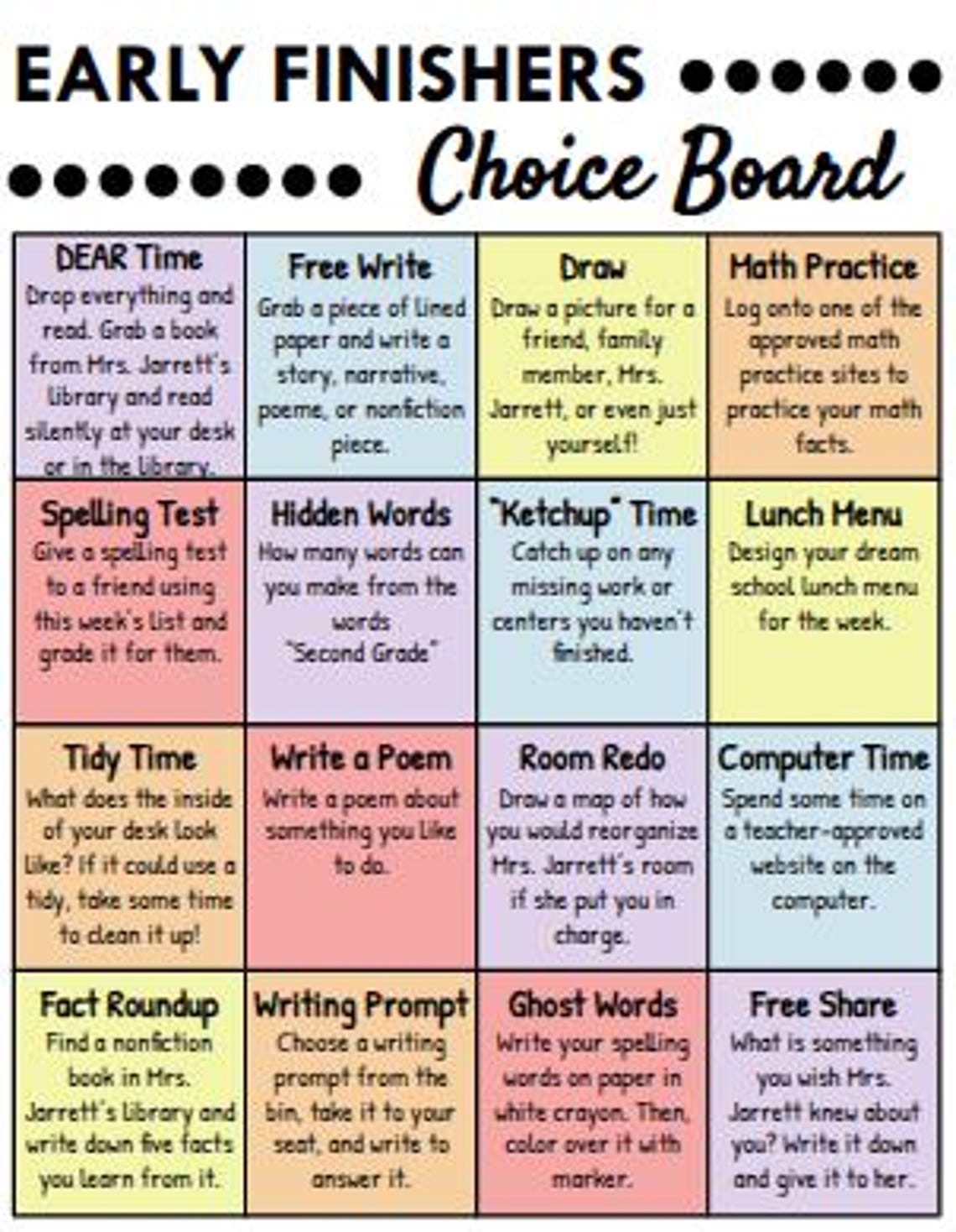 Early Finisher Choice Board | Classroom Free Time Activities | Early ...