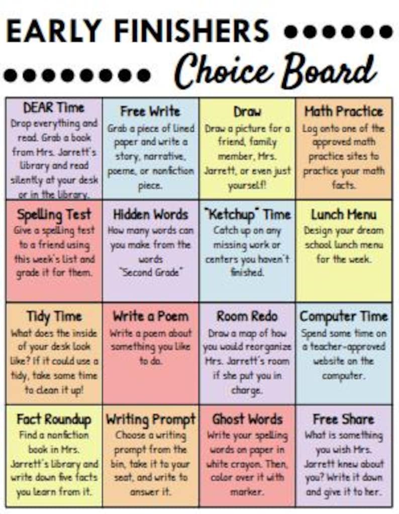 Early Finisher Choice Board | Classroom Free Time Activities | Early ...