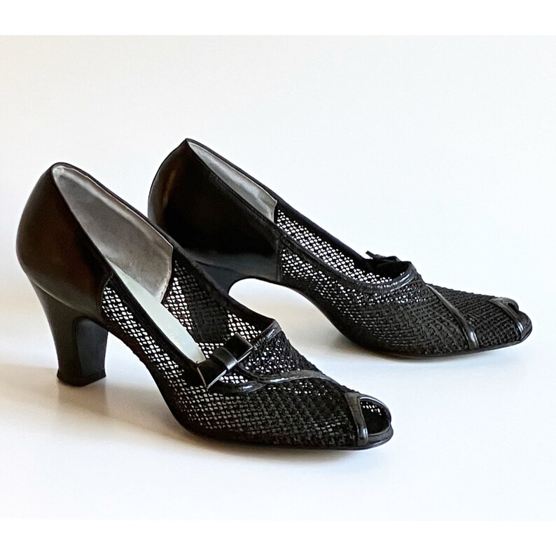 Vintage 50s Black Patent Leather and Mesh Net Peep Toe Heels Size ...