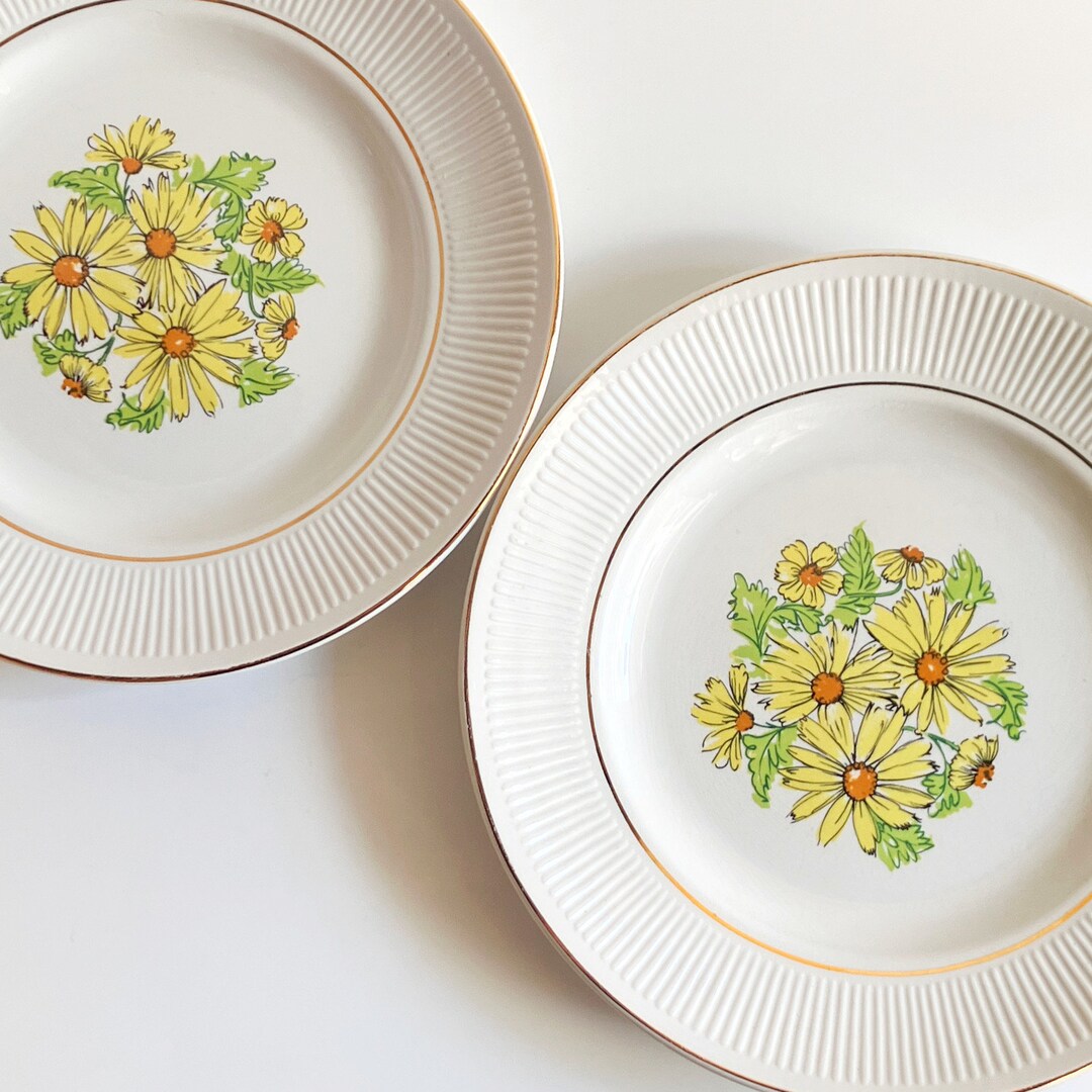 Vintage 70s Yellow Daisy Pattern summertime Diner Plates With Metallic ...
