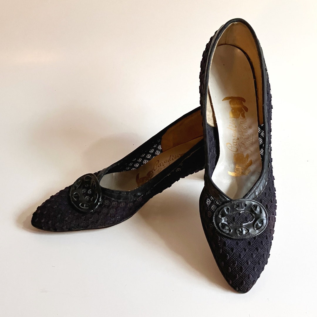 Vintage 50s Midnight Blue Mesh & Leather Kitten Heel Pumps High Heels ...
