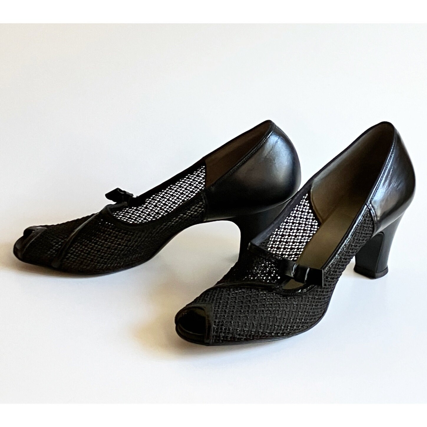 Vintage 50s Black Patent Leather and Mesh Net Peep Toe Heels Size ...