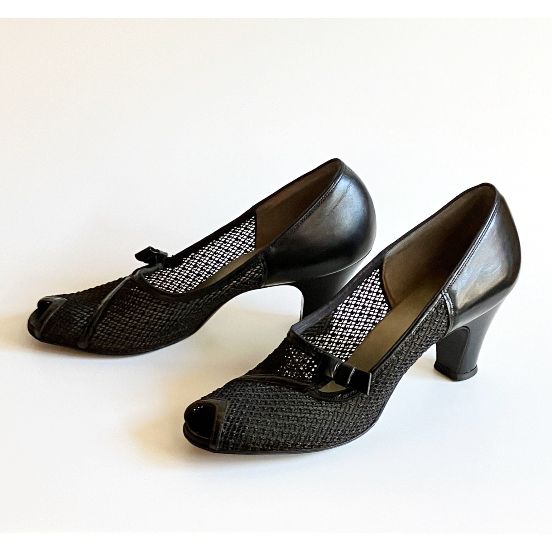Vintage 50s Black Patent Leather and Mesh Net Peep Toe Heels Size ...