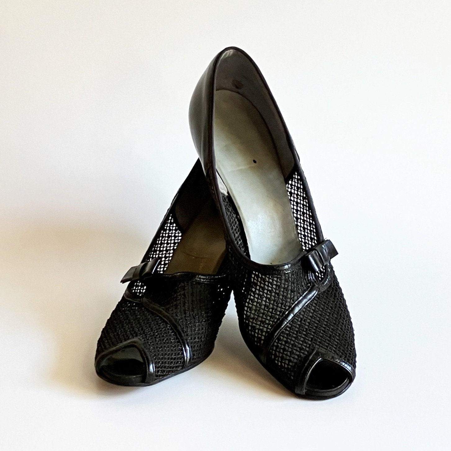 Vintage 50s Black Patent Leather and Mesh Net Peep Toe Heels Size ...