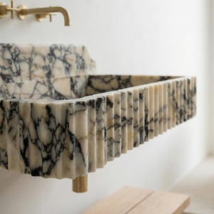 Calacatta Viola Marble Fluted Sink Wall Mounted Floating Stone Vanity ...