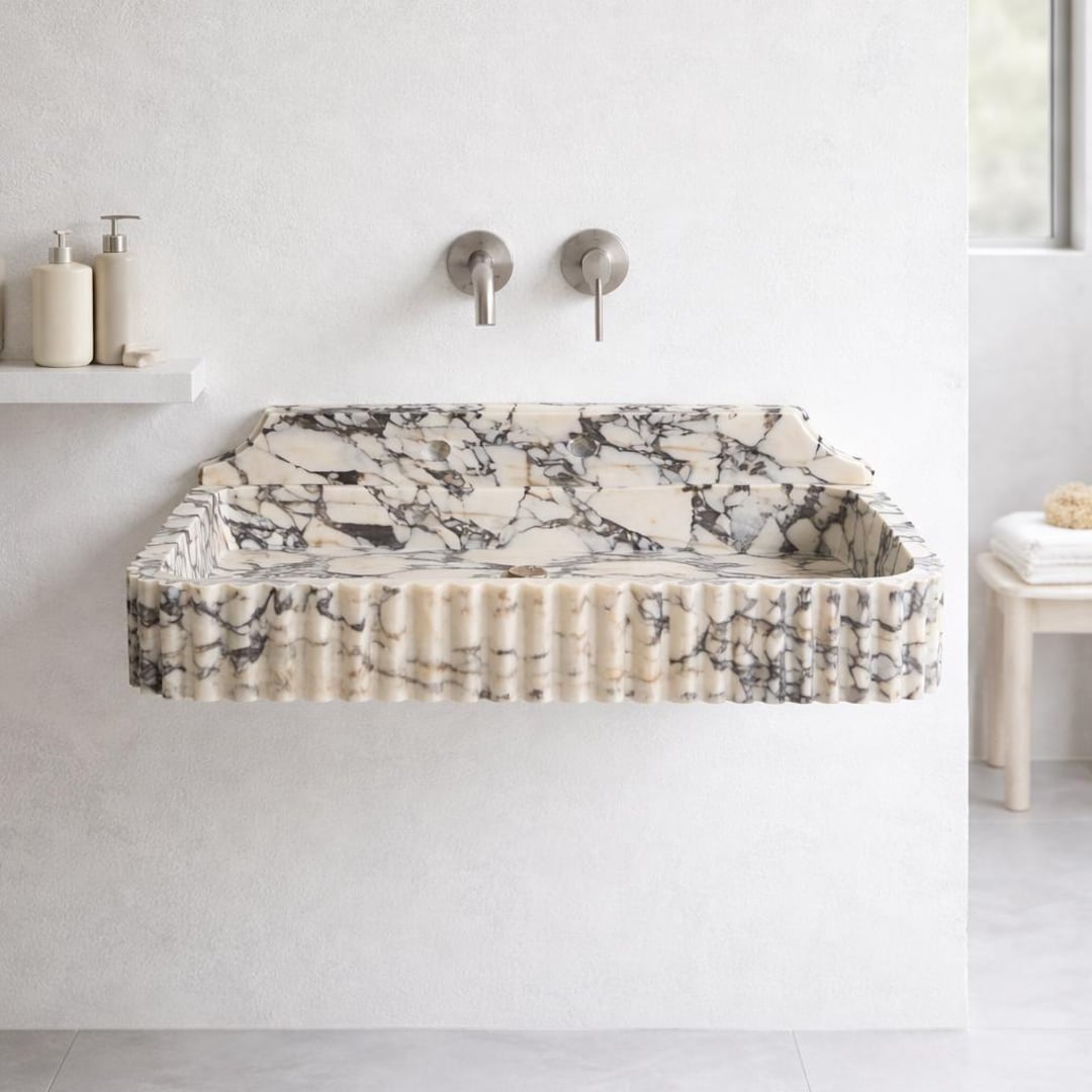 Calacatta Viola Marble Fluted Sink Wall Mounted Floating Stone Vanity ...