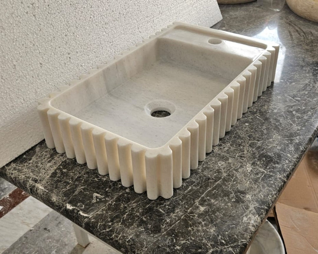 Hand Carved Carrara Marble Sink: Ribbed Wall Mount Basin - Etsy