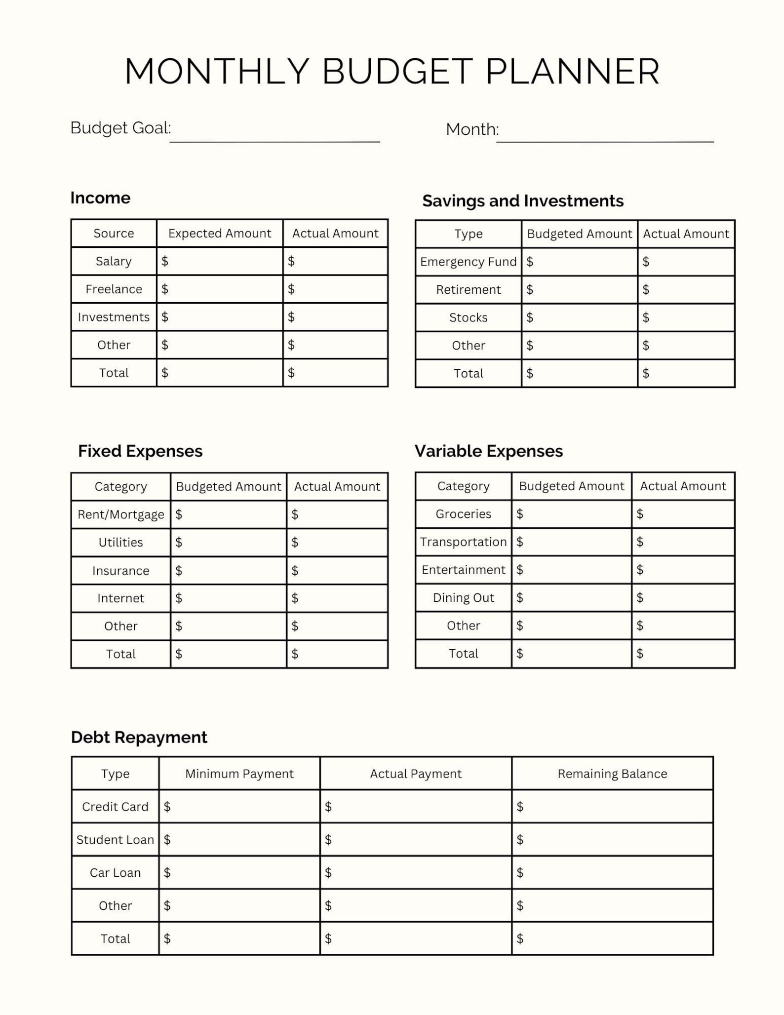 Monthly Budget Planner Printable Income, Expenses, Savings & Debt ...