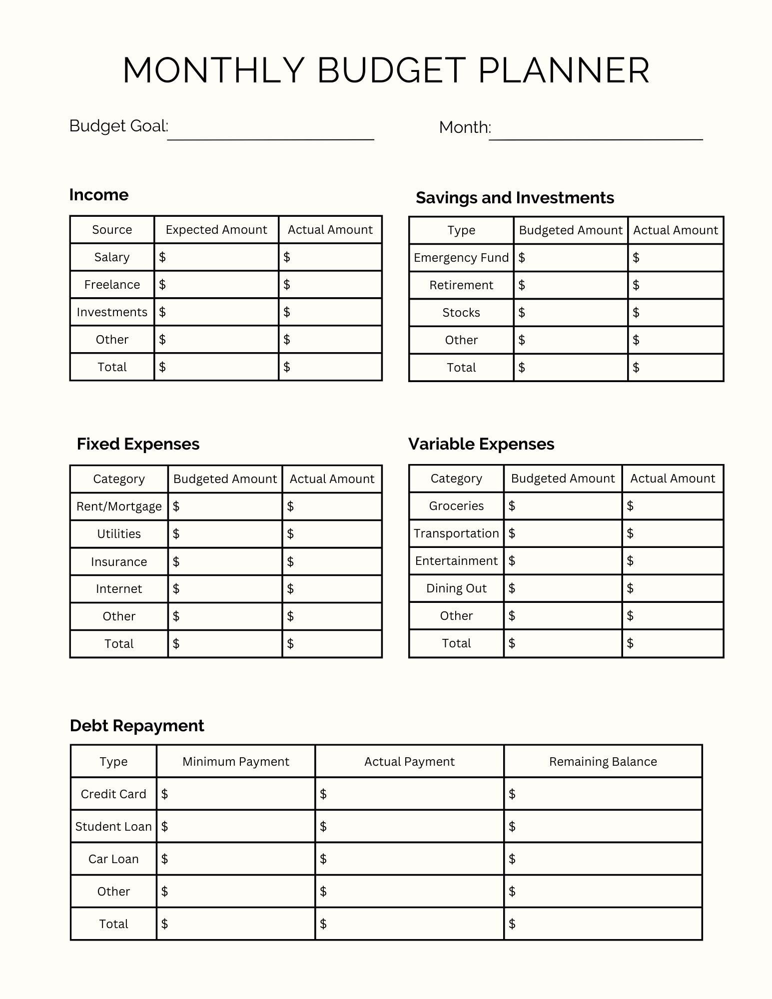 Monthly Budget Planner Printable Income, Expenses, Savings & Debt ...