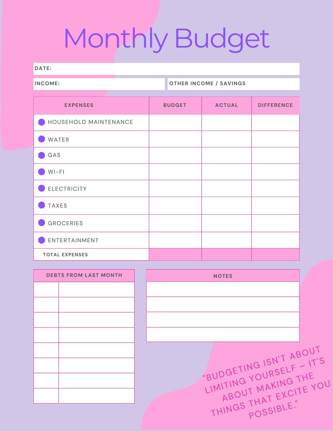 Monthly Budget Planner Printable Income, Expenses, Savings & Debt ...