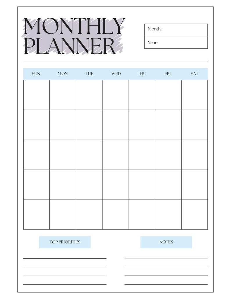 Monthly Calendar PDF Printable Planner With Top Priorities & Notes ...