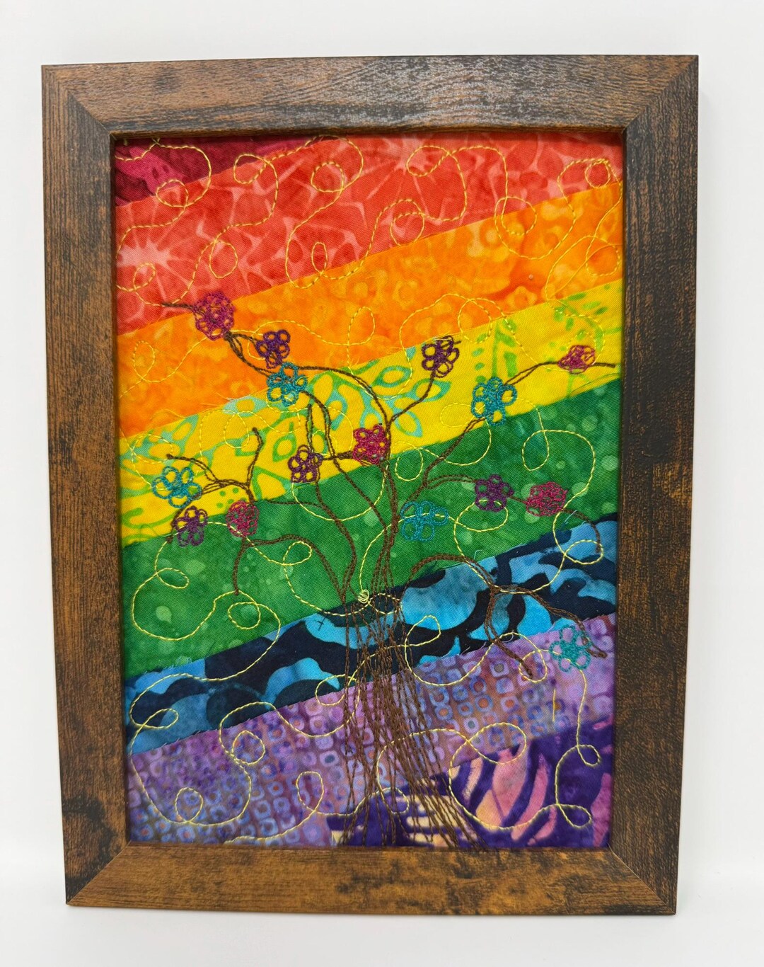 Framed Fiber Art, Wall Art, Tree of Life, Tiny Flowers, Rainbow - Etsy