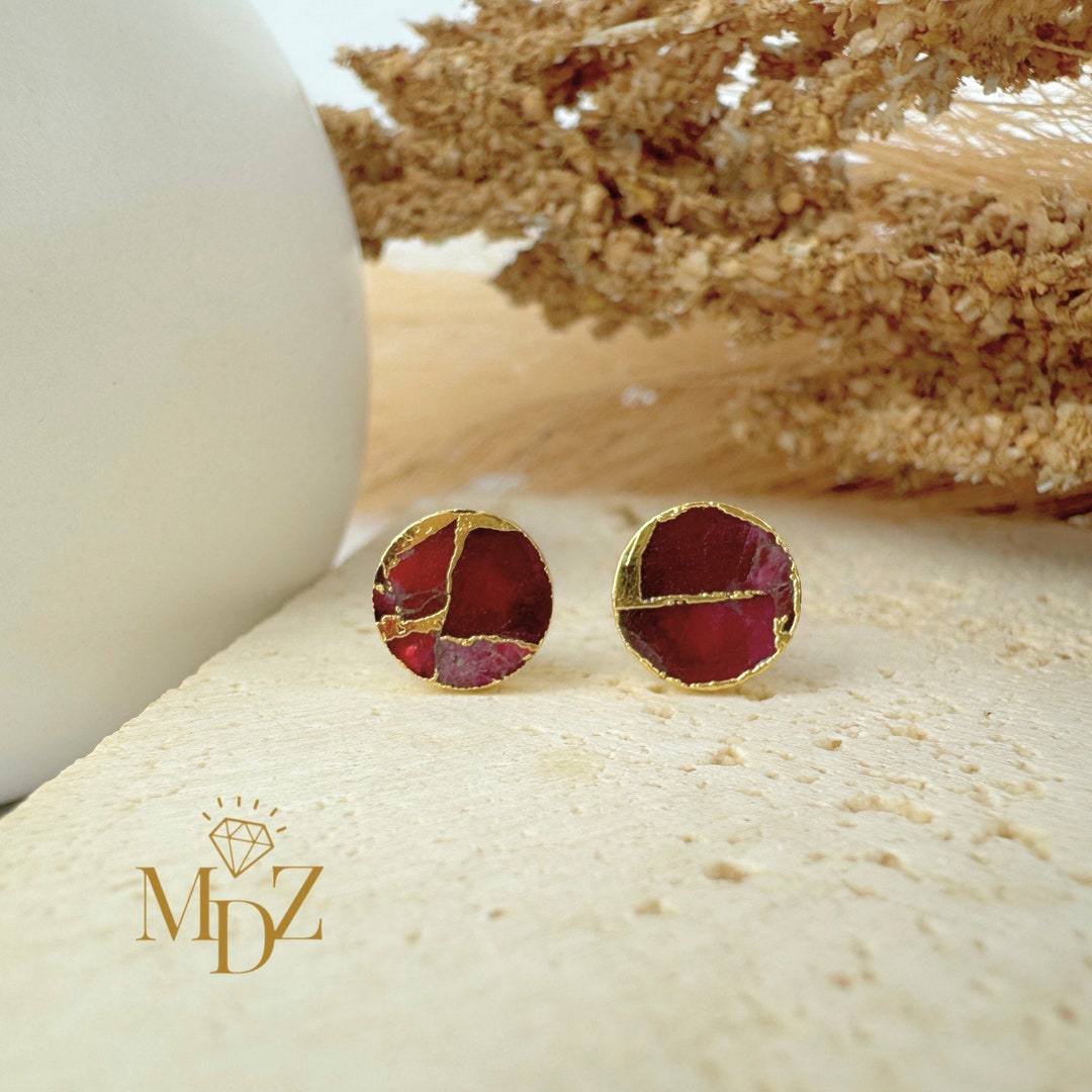 Ruby Red Mojave Turquoise Stud With Kintsugi Inspired Design, Minimalist Ruby Stud Earrings, Red ...