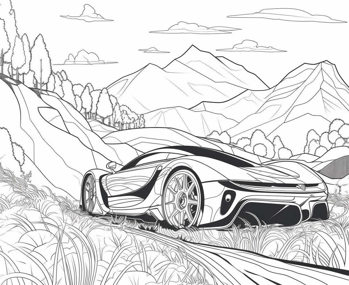 146 Coloring Pages | Luxury Cars on the Background of Nature and ...