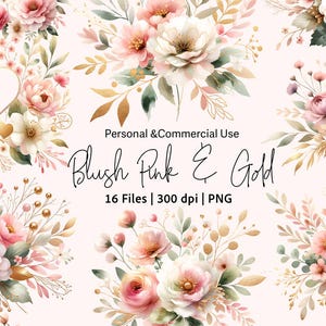 Pink Gold Flowers Watercolor Clipart, Boho Flower Bunch, Blush Pink ...