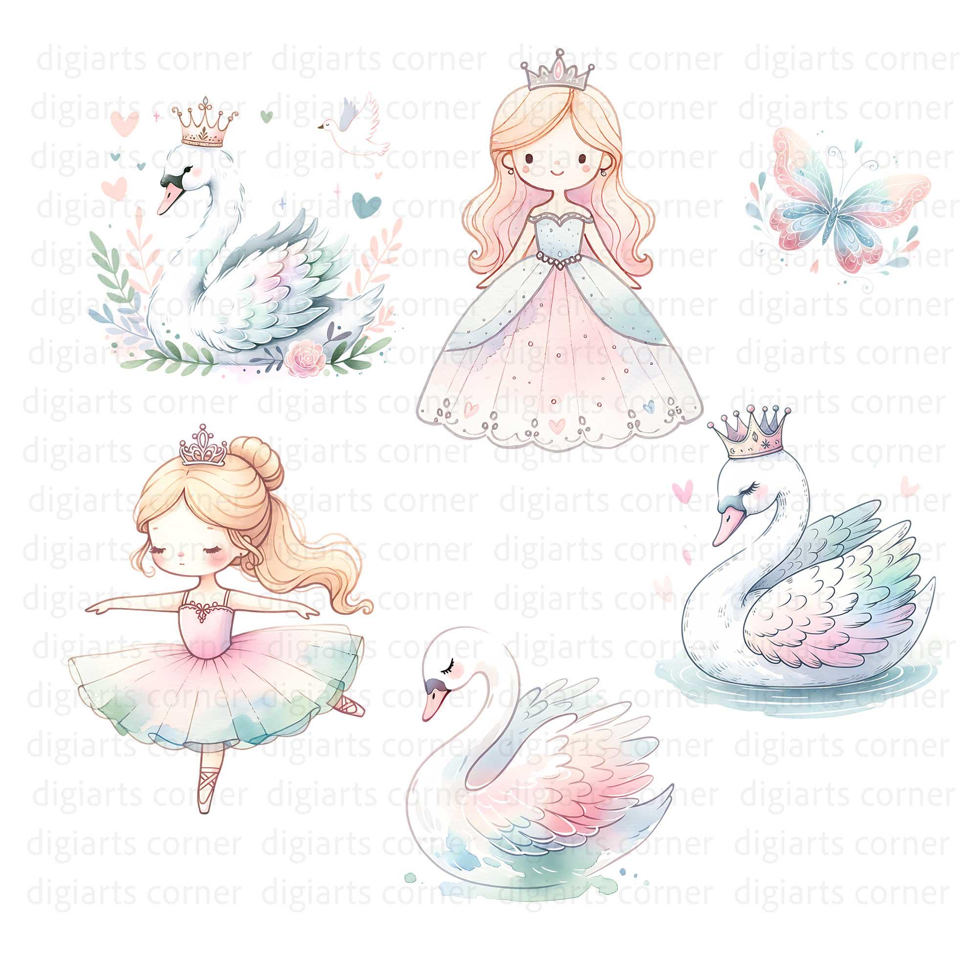 Watercolor Princess Clipart: Pastel Castle, Swan, Roses (digital ...