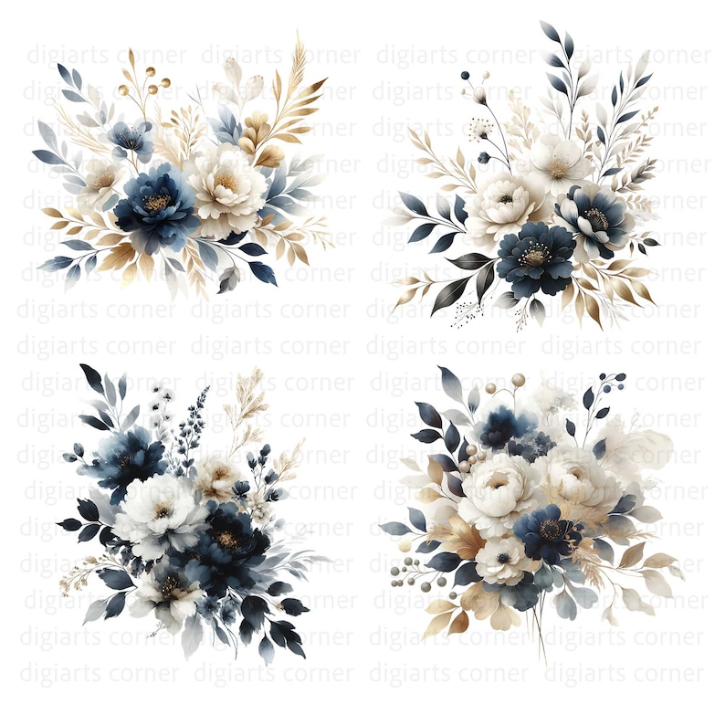 Navy Gold Flowers PNG, Watercolour Blue Floral Clipart, Navy Floral ...