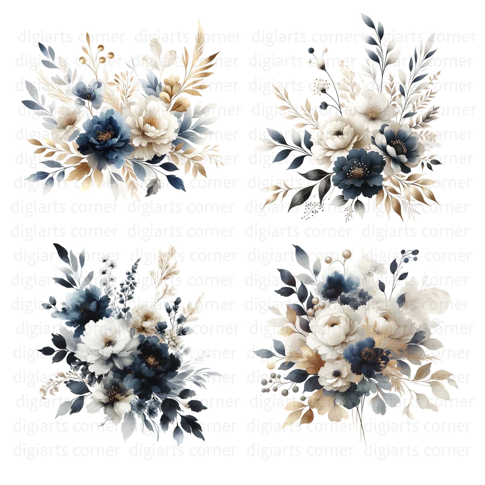 Navy Gold Floral Clipart: Watercolor Flower PNG Set (digital Download ...