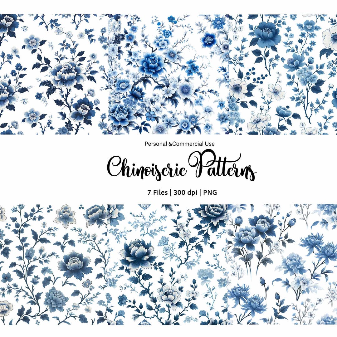 Chinoiserie Pattern Clipart, Chinoiserie Floral Clipart, Blue Vintage ...