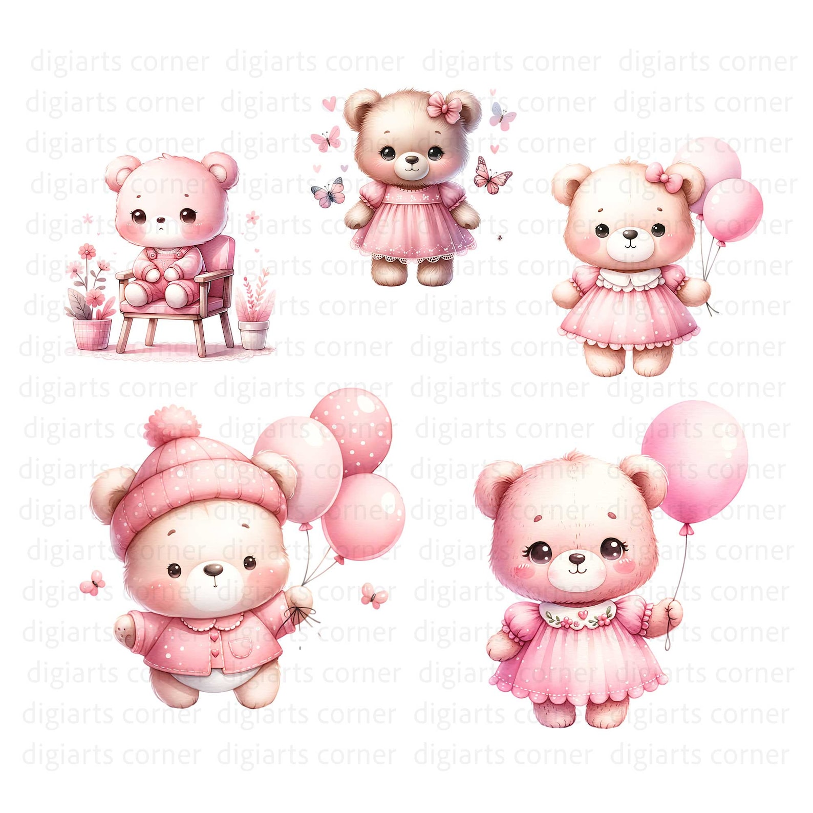 Pink Teddy Bear Clipart, Watercolor Pink Bear PNG, Cute Balloons Bear ...