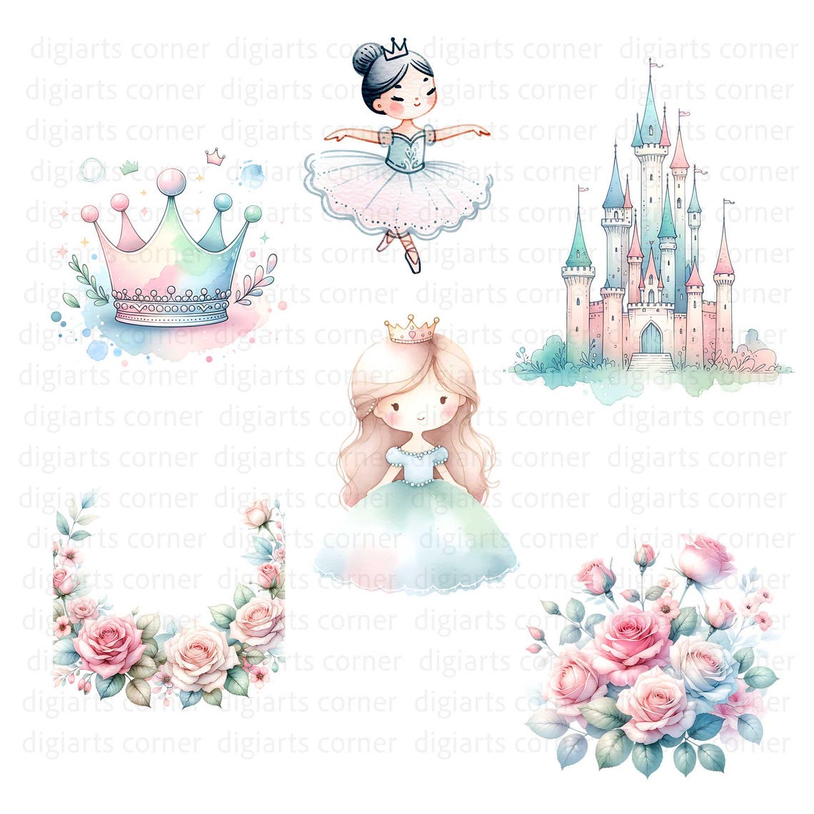Watercolor Princess Clipart: Pastel Castle, Swan, Roses (digital ...