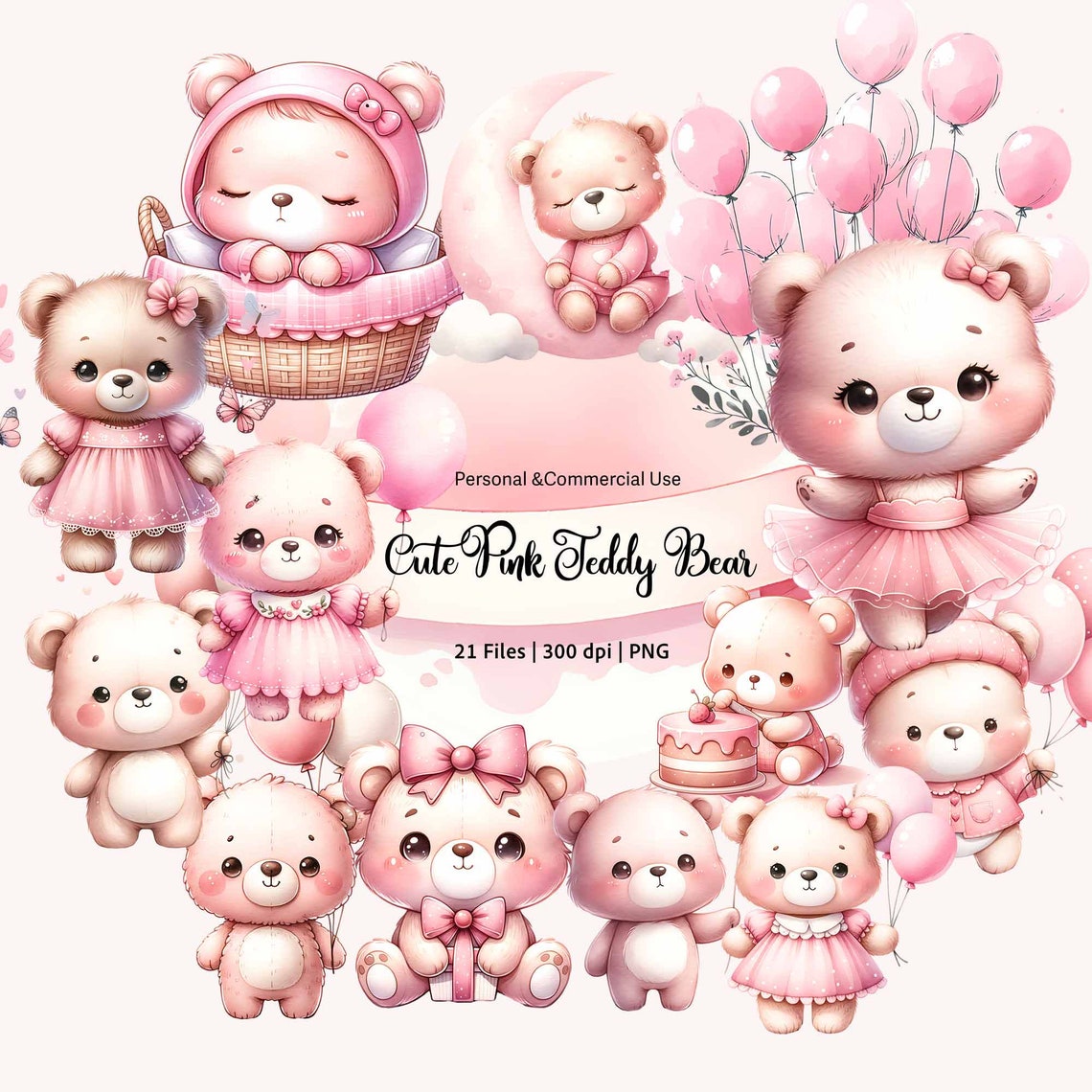Pink Teddy Bear Clipart, Watercolor Pink Bear PNG, Cute Balloons Bear ...