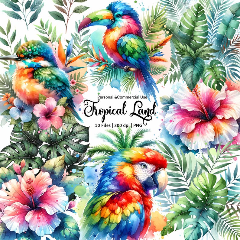 Topical Birds Clipart, Watercolor Tropical Flowers and Leaves Clipart ...