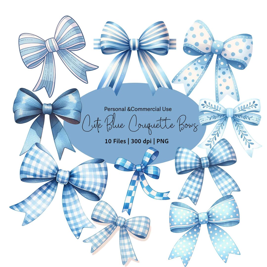 Blue Watercolor Bows Clipart: Coquette Ribbon Bundle (digital Download ...