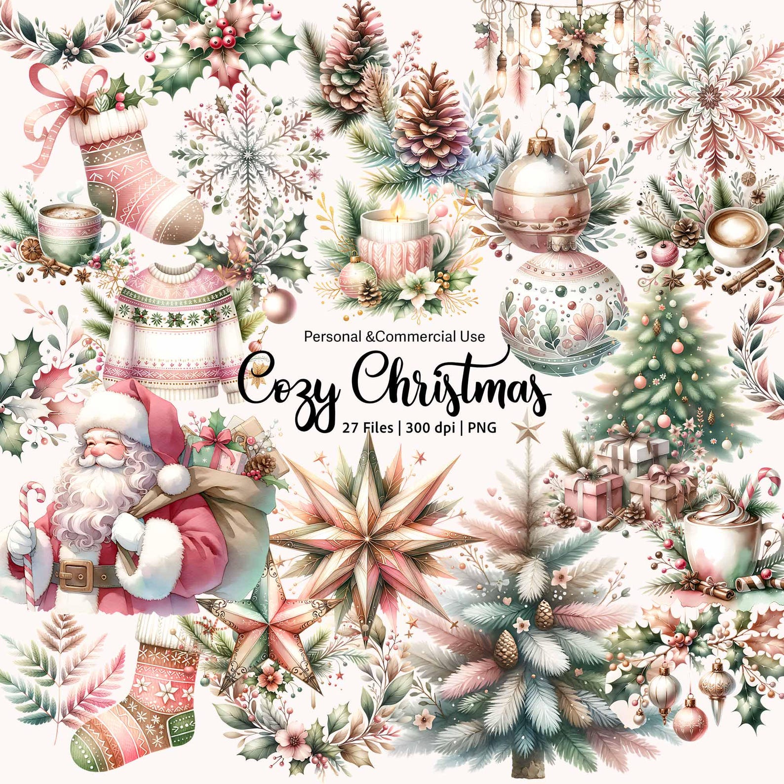 Pink Boho Christmas Clipart: Watercolor Santa, Stars, Snowflakes ...