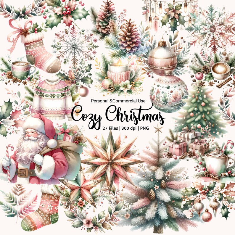 Pink Boho Christmas Clipart: Watercolor Santa, Stars, Snowflakes ...