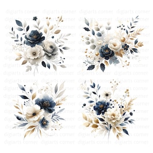 Navy Gold Floral Clipart: Watercolor Flower PNG Set (digital Download ...
